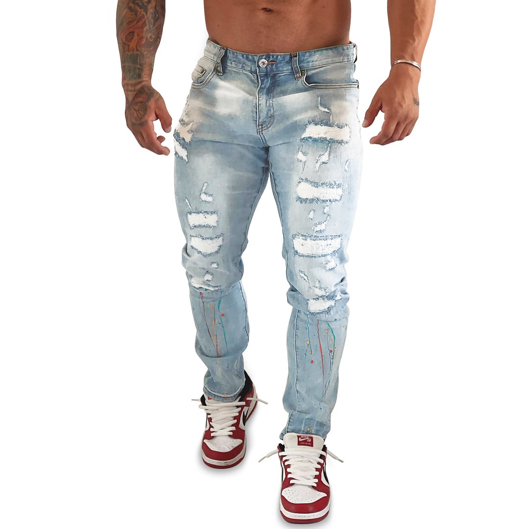 Men's Ripped Denim Slim-fit Stretch A Blue Light Jeans for Men - Etsy
