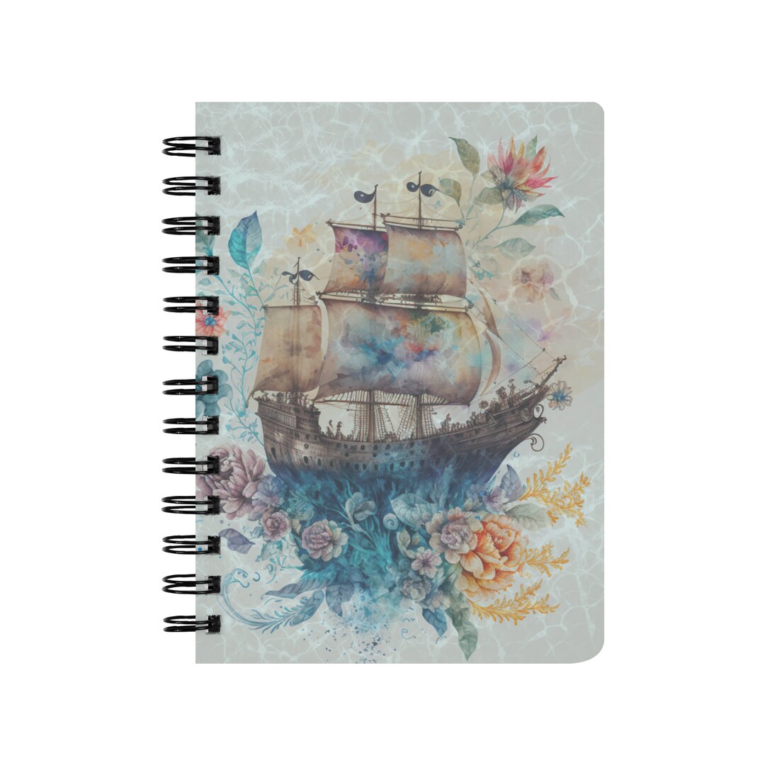 Fantasy Ship in Floral Watercolor Lined Spiral Notebook Journal Diary ...
