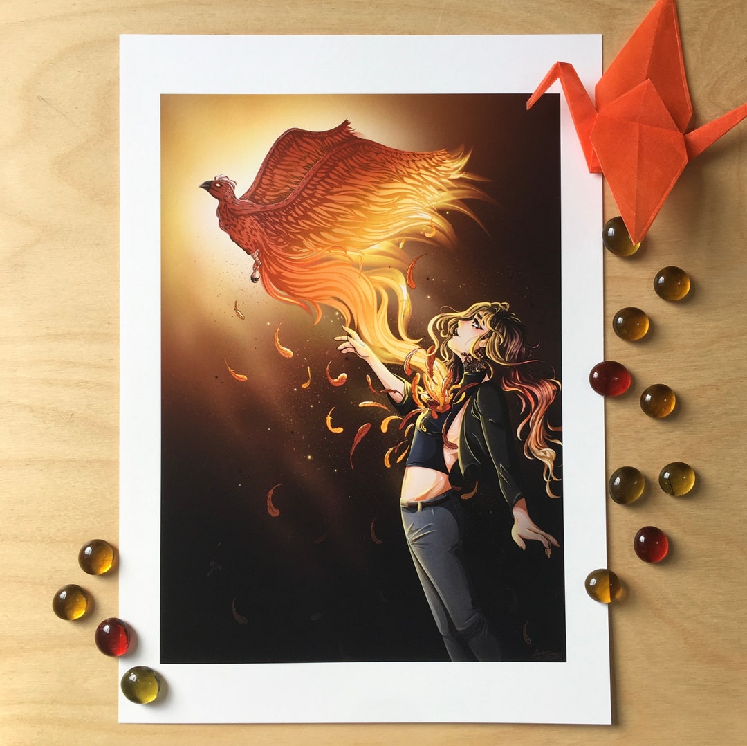 Phoenix From the Ashes Portrait Art Print | Girl With Rising Phoenix - Etsy