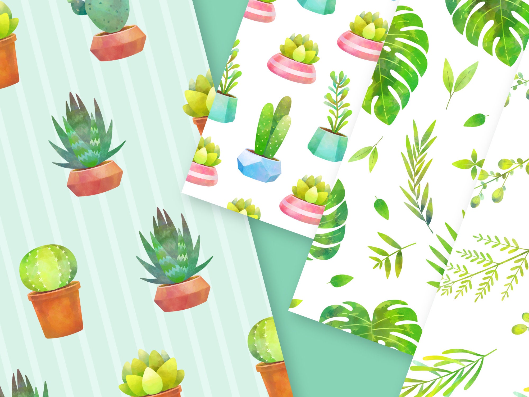 Cactus Digital Paper Pack - Cacti Pattern - Leaves Paper - Cute ...