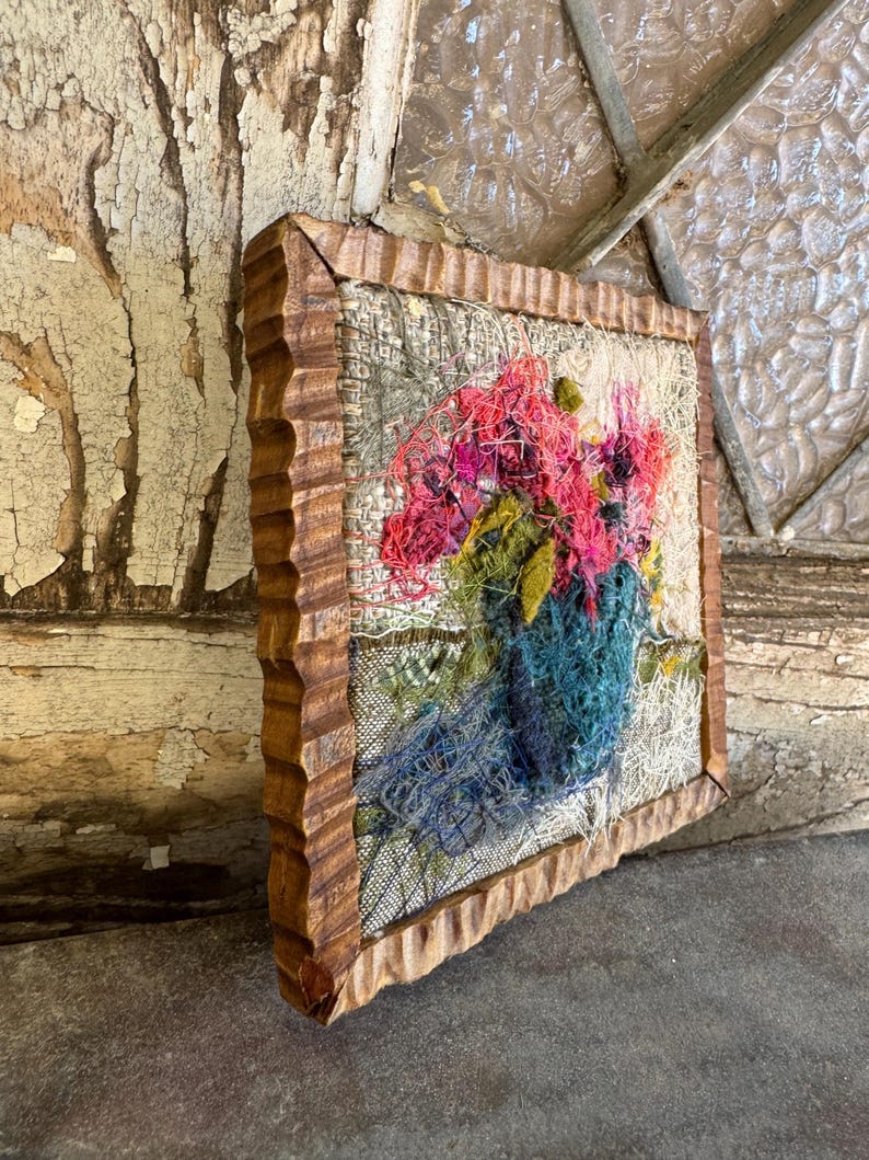 Pink Flowers Original Fiber Fine Art Stitched Flower Vase Painting 4x4 ...