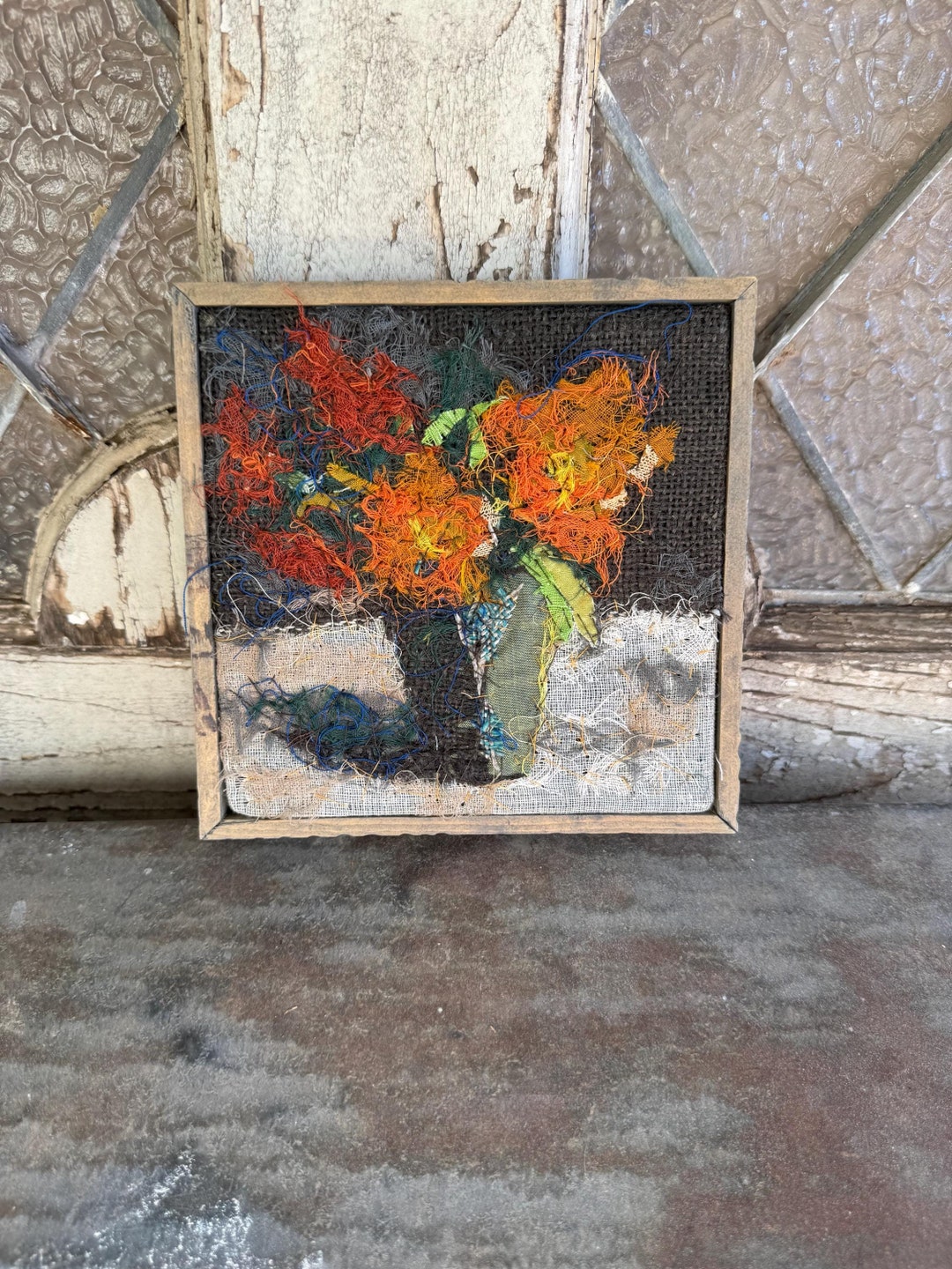 Orange Blooms Original Fiber Fine Art Stitched Flower Vase Painting 6x6 ...