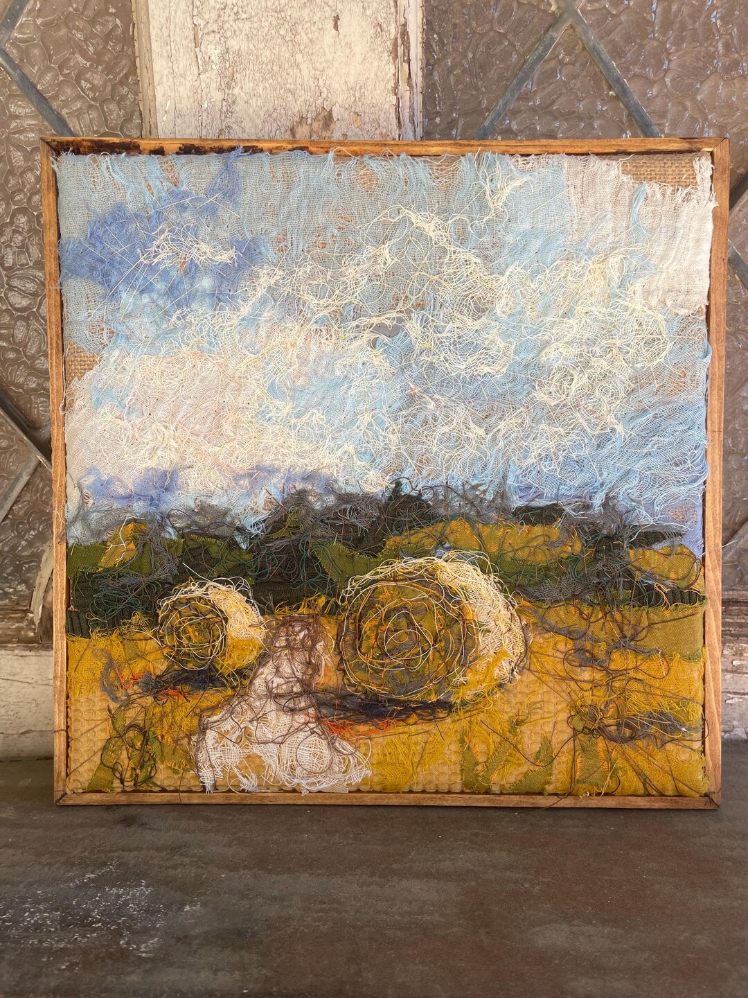 Farm Hay Bales Original Fiber Fine Art Stitched Painting 10x10 Custom ...