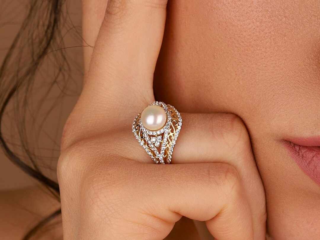 Unique Pearl Ring, Freshwater Vintage Pearl Ring, Big Ring, Dome Pearl ...