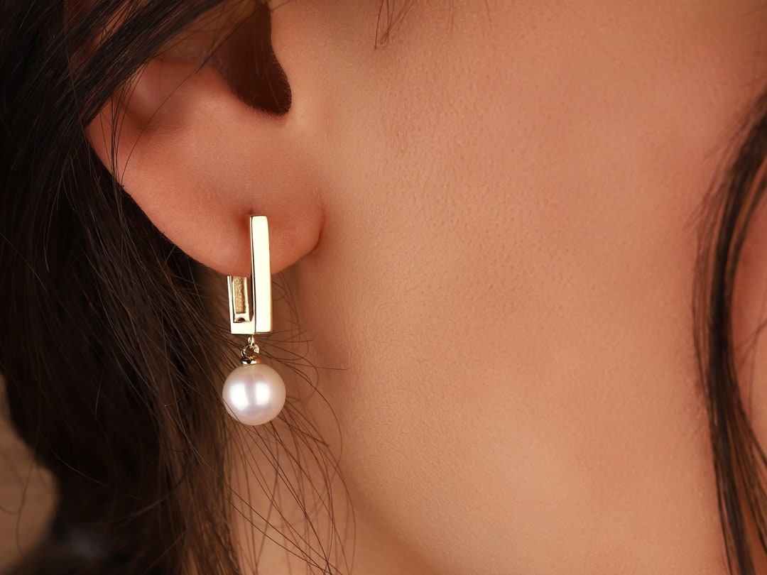 Square Pearl Earrings, Gold Square Pearl Earrings, Pearl Dangle ...