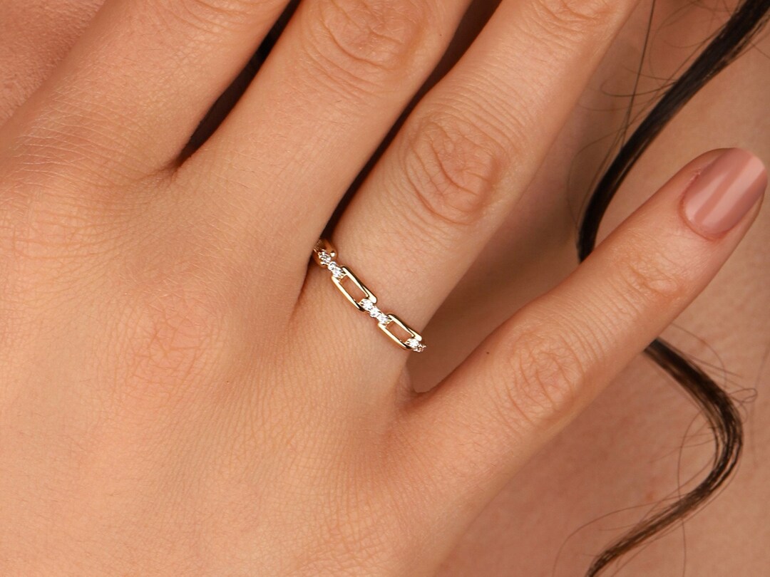 14K Gold Chain Patterned Stone Ring, Gold Stacking Ring, Chain Link ...
