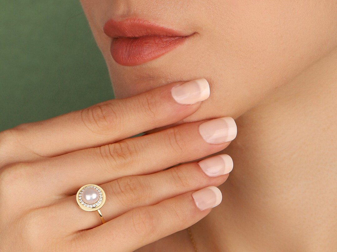 Pearl Domed Single Row Stone Gold Ring, Pearl Ring, 14K Gold Pearl ...