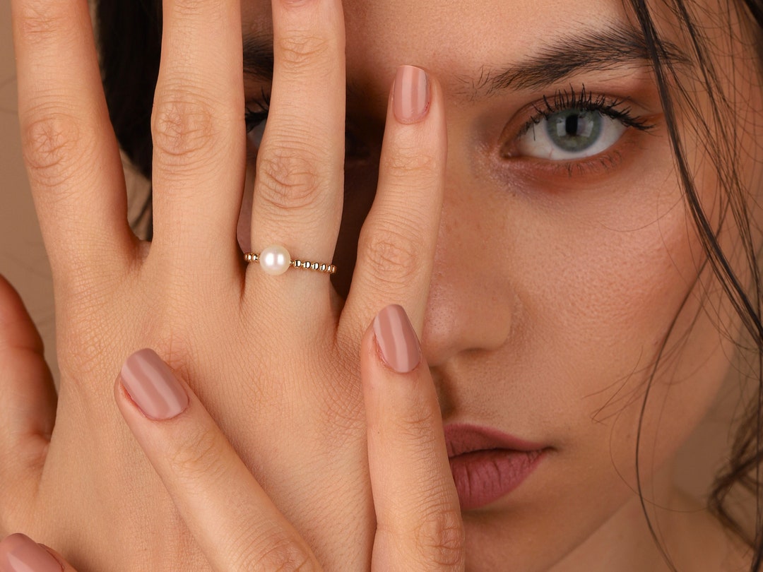 14K Gold Pearl Ring: Dainty June Birthstone Stacking Ring - Etsy