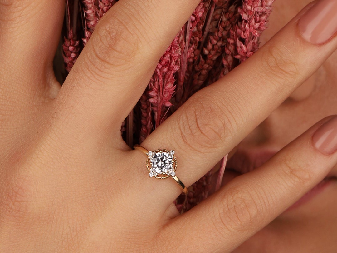 Unique Anniversary 14K Yellow Gold Ring, Delicate Marriage Proposal ...