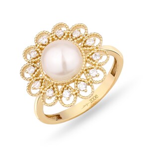 Pearl Ring, 14K Gold Vintage Ring, Yellow Gold Sun Ring, Engagement ...