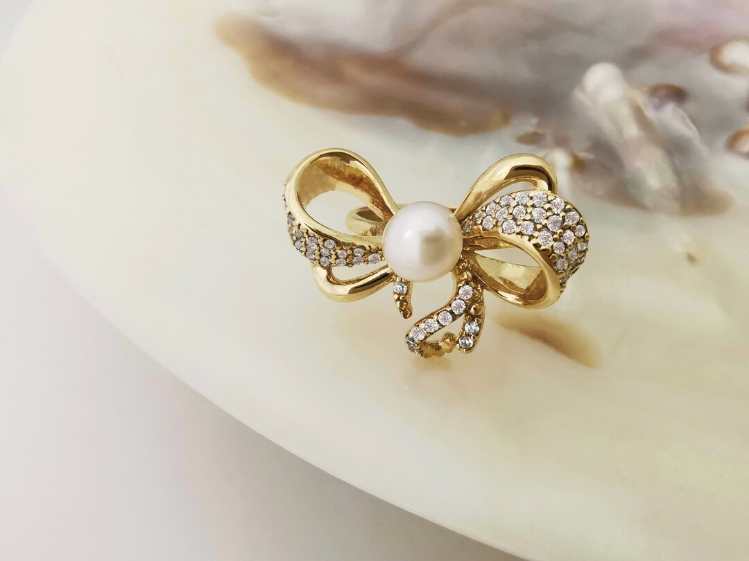 Pearl Gold Ribbon Bow Ring, 14K Gold Bow Ring, Graduation Pretty Ring ...