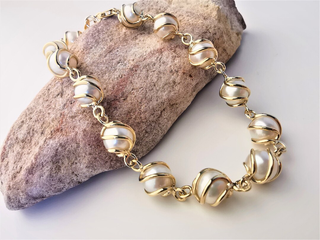 14K Gold Pearl Cage Jewelry Set: Bridal Necklace, Earrings & Bracelet ...