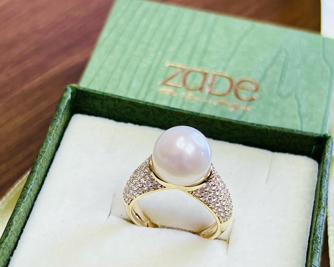 Large Pearl Ring for Women, 14K Yellow Gold Pearl Ring, Flamboyant ...