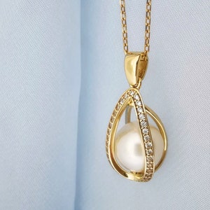 Cage Pendant, A Real Pearl in a Golden Cage, Gold Single Pearl Necklace ...