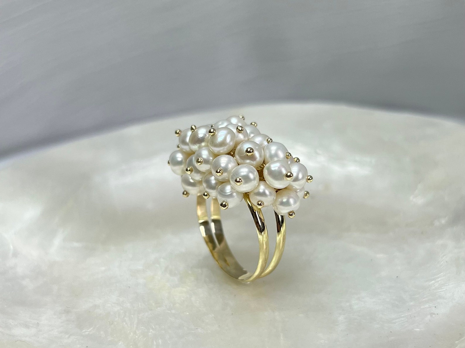 Cluster Tiny Pearl Ring 14K Gold Pearl Bridal Ring Vintage - Etsy