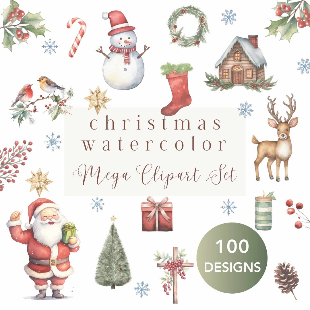 Christmas Watercolor Clipart Set: 100 PNG Designs, Wreaths, Frames ...