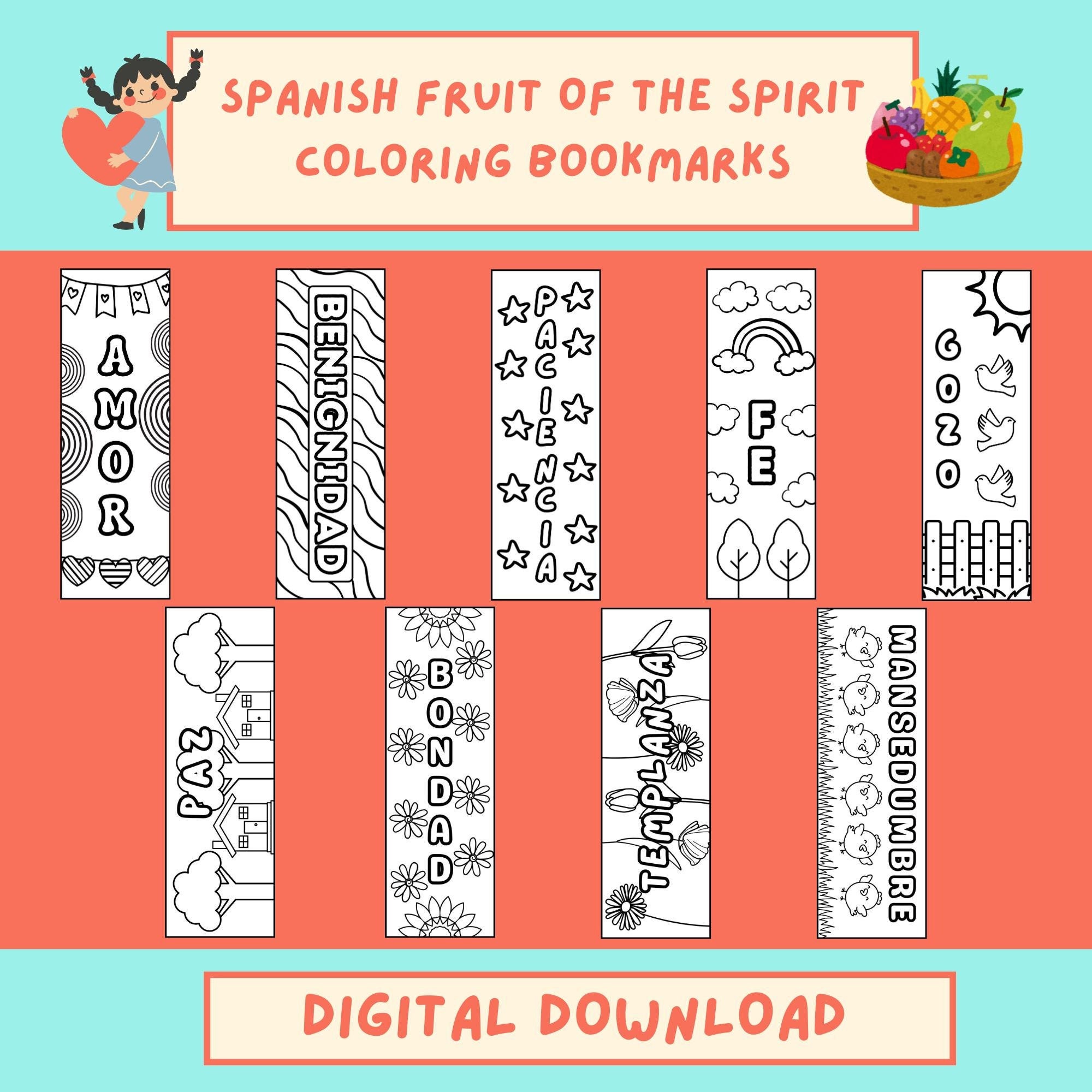 Spanish Fruit of the Spirit Coloring Bookmarks for Kids (digital ...