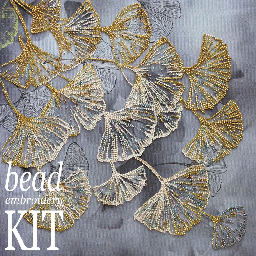 DIY Bead Embroidery Kit Ginkgo Leaf on Art Canvas, DIY Craft Kit, Gold ...