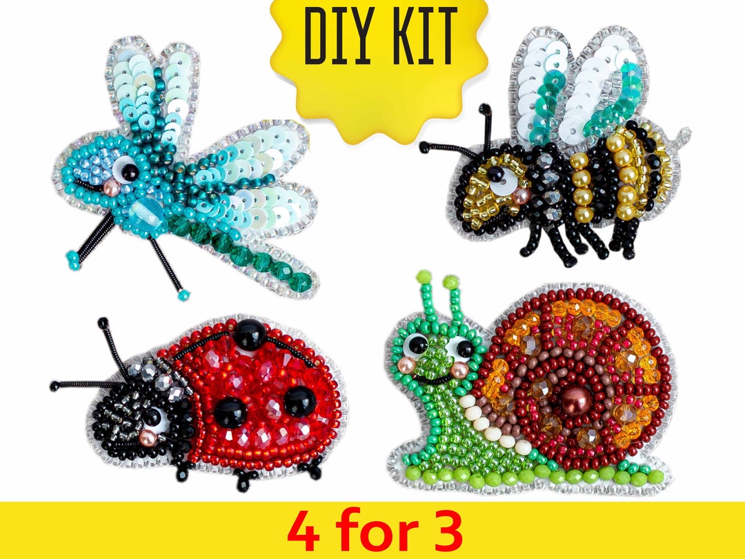 Set of 4 Bugs DIY Beaded Brooches Kits, Craft Kits, Beaded Insect ...
