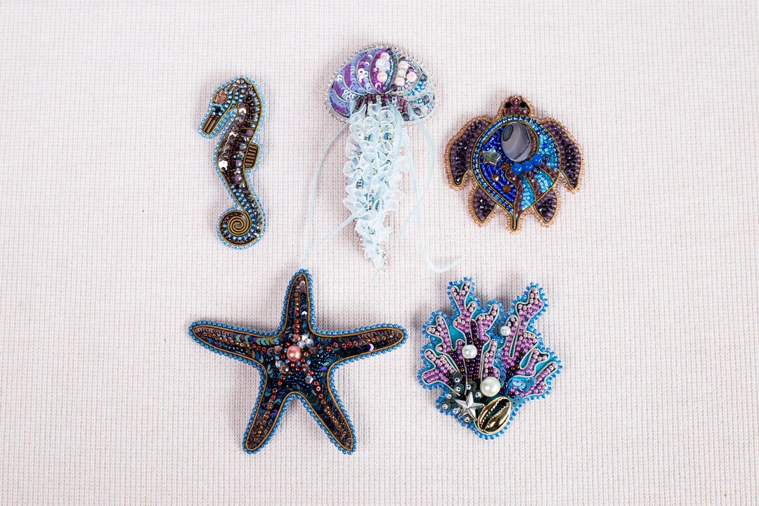Set of 5 DIY Beaded Brooches Kits, Craft Kits, Beaded Sea Creatures ...