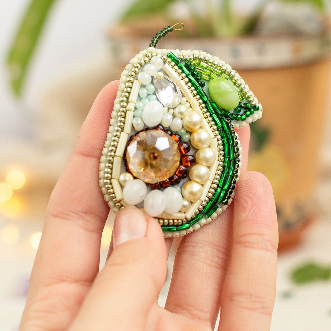 Avocado Bead Embroidery Kit. Seed Bead Brooch Kit. DIY Craft Kit ...