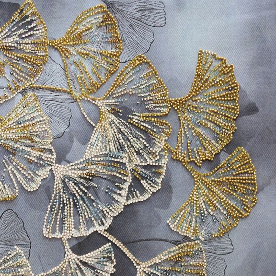DIY Bead Embroidery Kit Ginkgo Leaf on Art Canvas, DIY Craft Kit, Gold ...