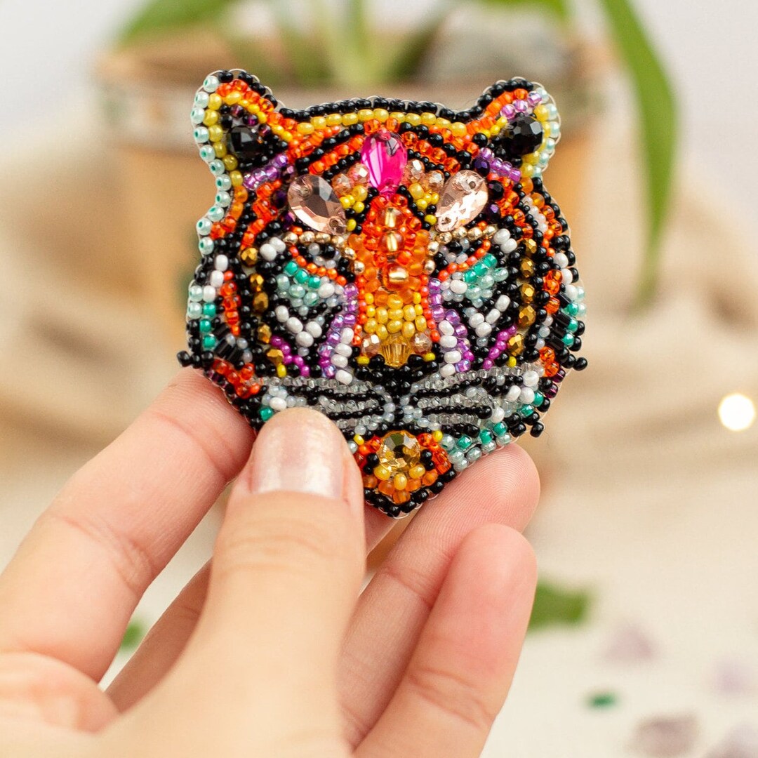 Tiger Bead Embroidery Kit. Seed Bead Brooch Kit. DIY Craft Kit. Beading ...