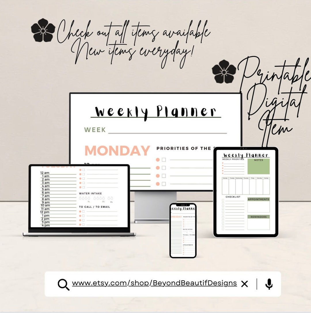 Printable Digital Weekly Planner, Weekly Goal Schedule, Digital Journal ...