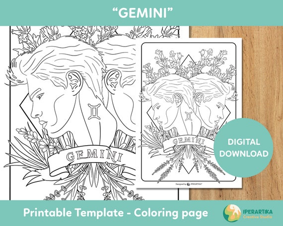 Gemini COLORING PAGE Printable Zodiac Signs Coloring Pages - Etsy