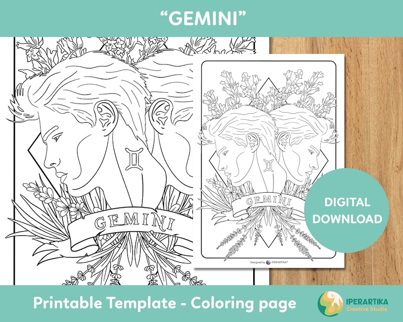 Gemini COLORING PAGE Printable | Zodiac Signs Coloring Pages | Coloring ...
