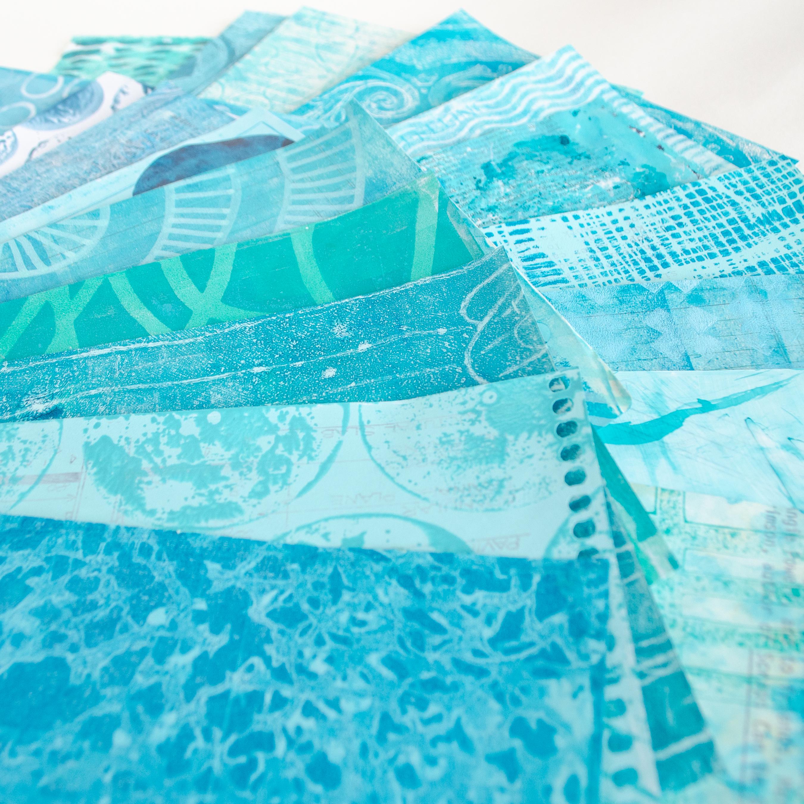 Turquoise Collage Paper Bundle, Handmade Ephemera, Hand Painted Paper ...