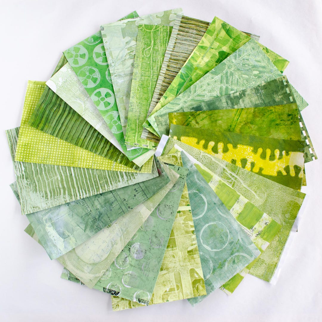 Gelli Print Paper Bundle, Hand Painted Paper Pack, Green Collage Kit ...
