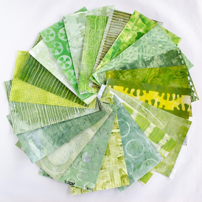 Gelli Print Paper Bundle, Hand Painted Paper Pack, Green Collage Kit ...