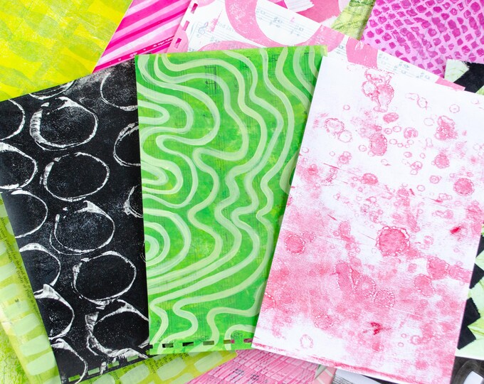 Gelli Print Paper Bundle, Hand Painted Paper Pack, Pink & Green Collage ...