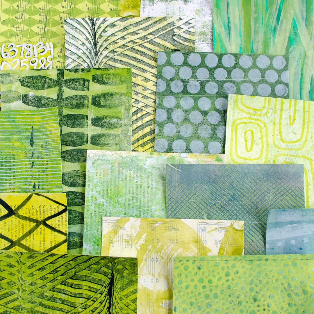 Gelli Print Paper Bundle, Hand Painted Paper Pack, Green Collage Kit ...