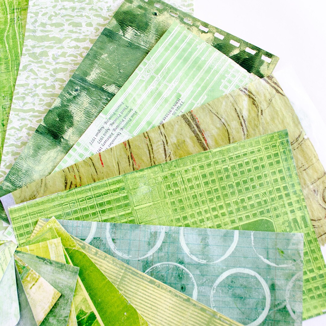 Gelli Print Paper Bundle, Hand Painted Paper Pack, Green Collage Kit ...