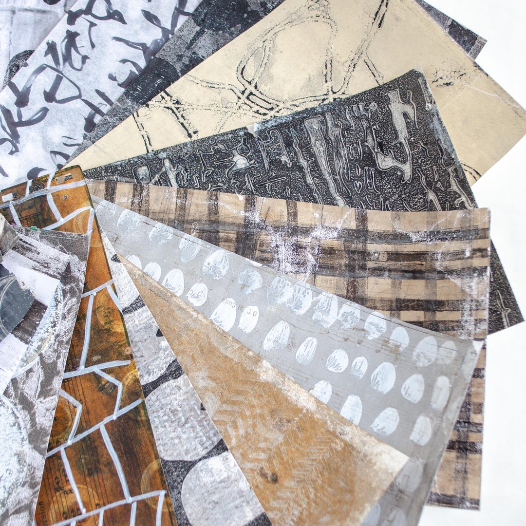 Gelli Print Paper Bundle, Hand Painted Paper Pack, Neutral Collage Kit ...