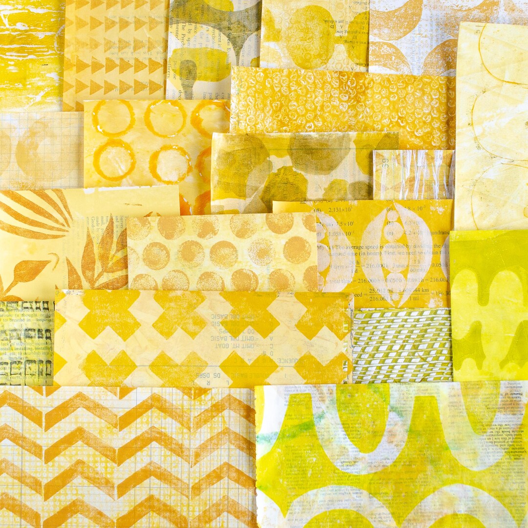 Yellow Art Journal Paper Bundle, Distressed Stamped Ephemera, Hand ...