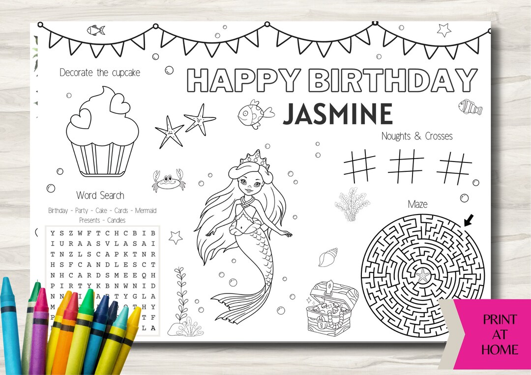 Mermaid Happy Birthday Colouring Sheet Personalised Birthday Activity ...