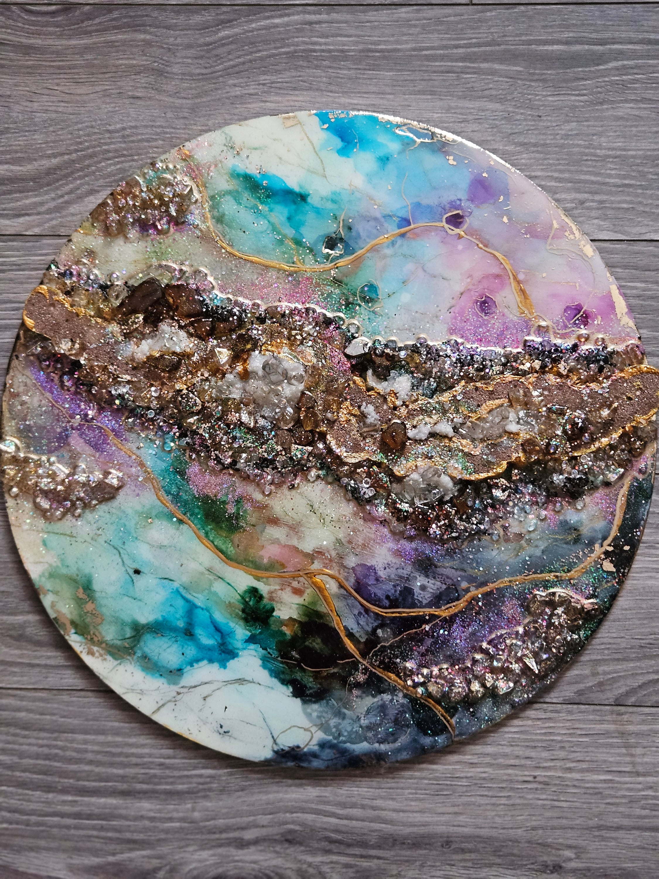 Round Alcohol Ink Painting With Crystals, 18 Round, Colorful Pinks and ...