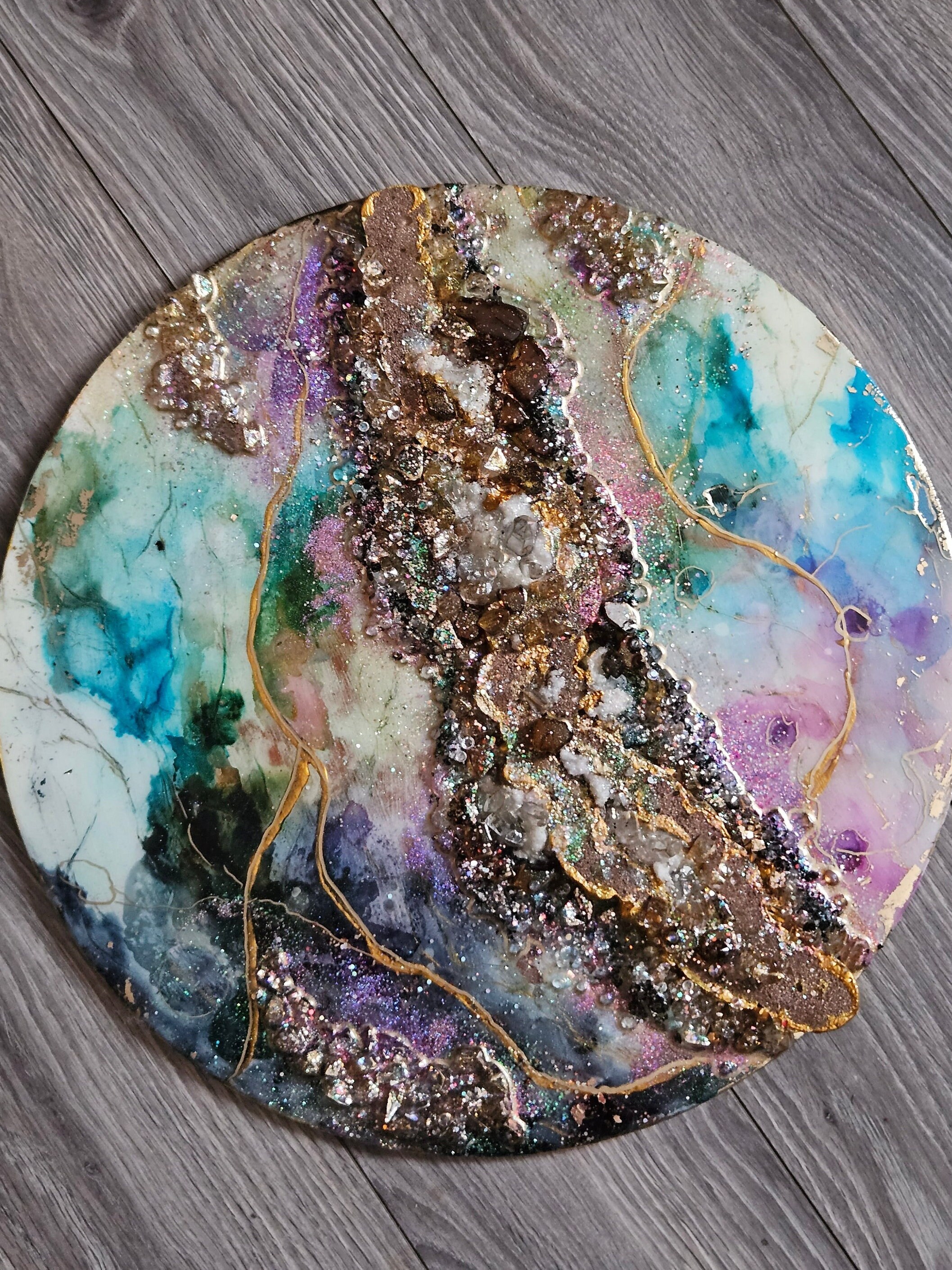 Round Alcohol Ink Painting With Crystals, 18 Round, Colorful Pinks and ...