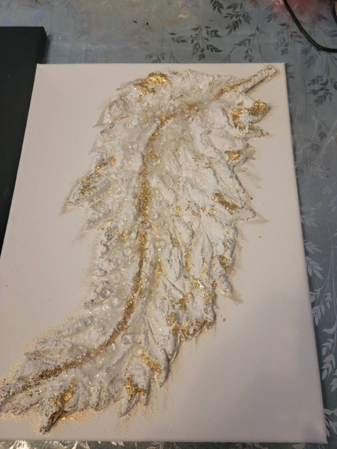 White Plaster Feather on Canvas. Gold Leafing Detailing. Fine - Etsy