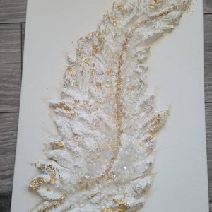 White Plaster Feather on Canvas. Gold Leafing Detailing. Fine Art. 12 ...