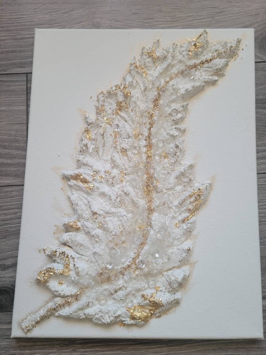 White Plaster Feather on Canvas. Gold Leafing Detailing. Fine Art ...