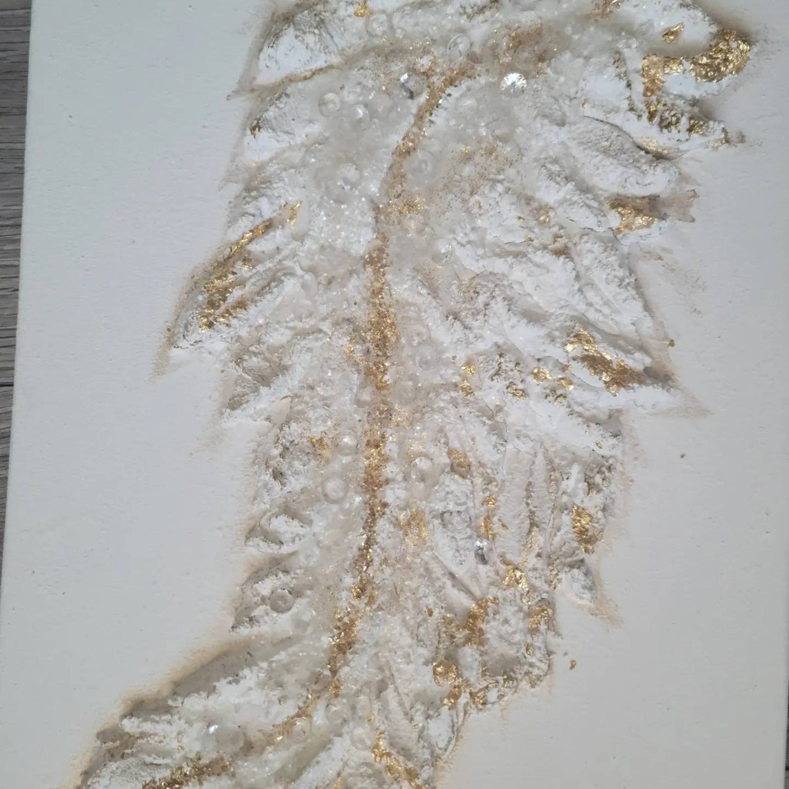 White Plaster Feather on Canvas. Gold Leafing Detailing. Fine Art ...
