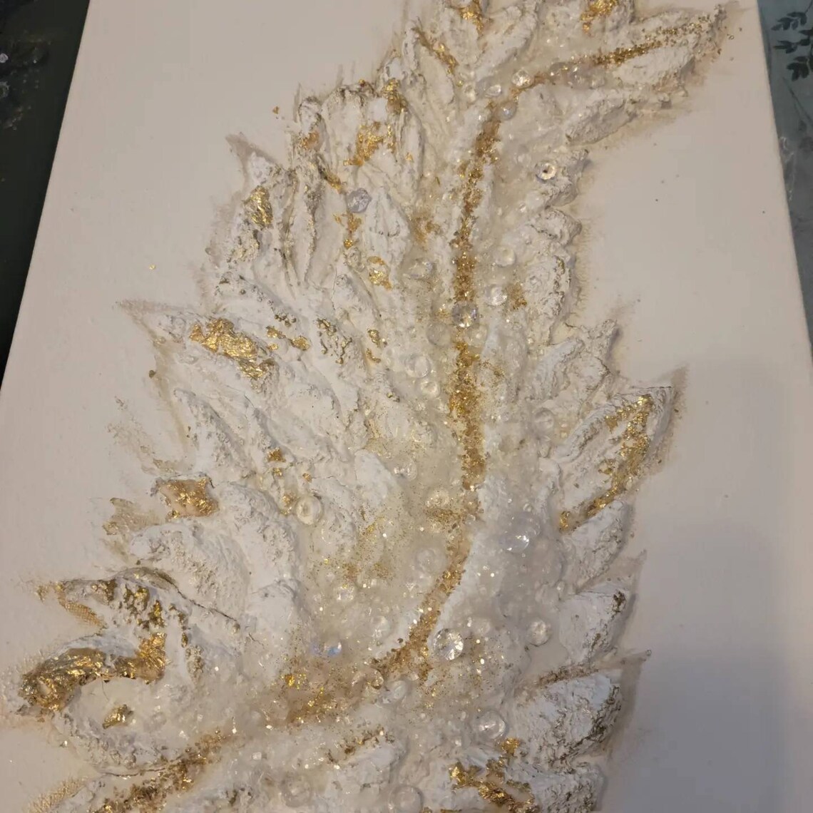 White Plaster Feather on Canvas. Gold Leafing Detailing. Fine Art ...