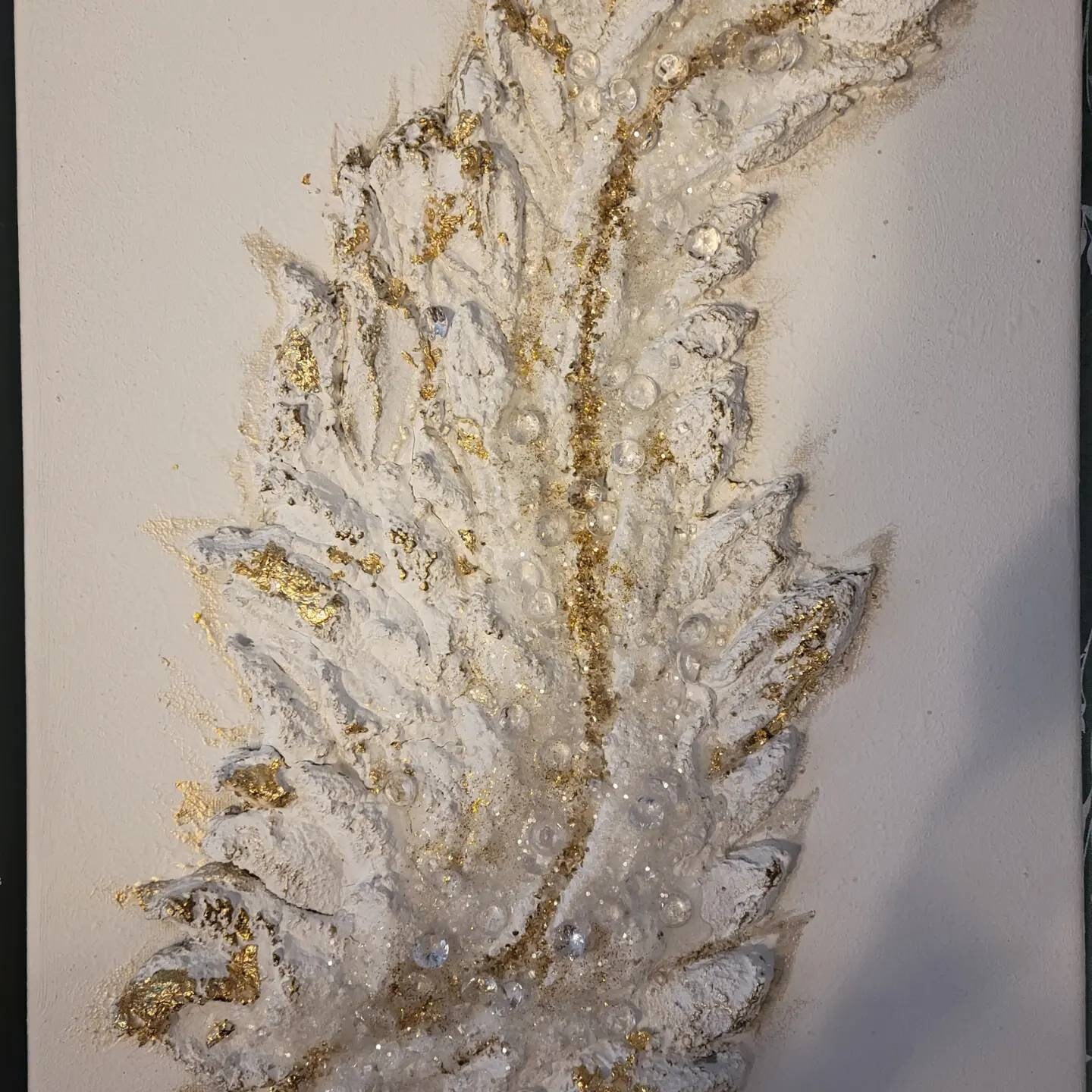 White Plaster Feather on Canvas. Gold Leafing Detailing. Fine Art ...