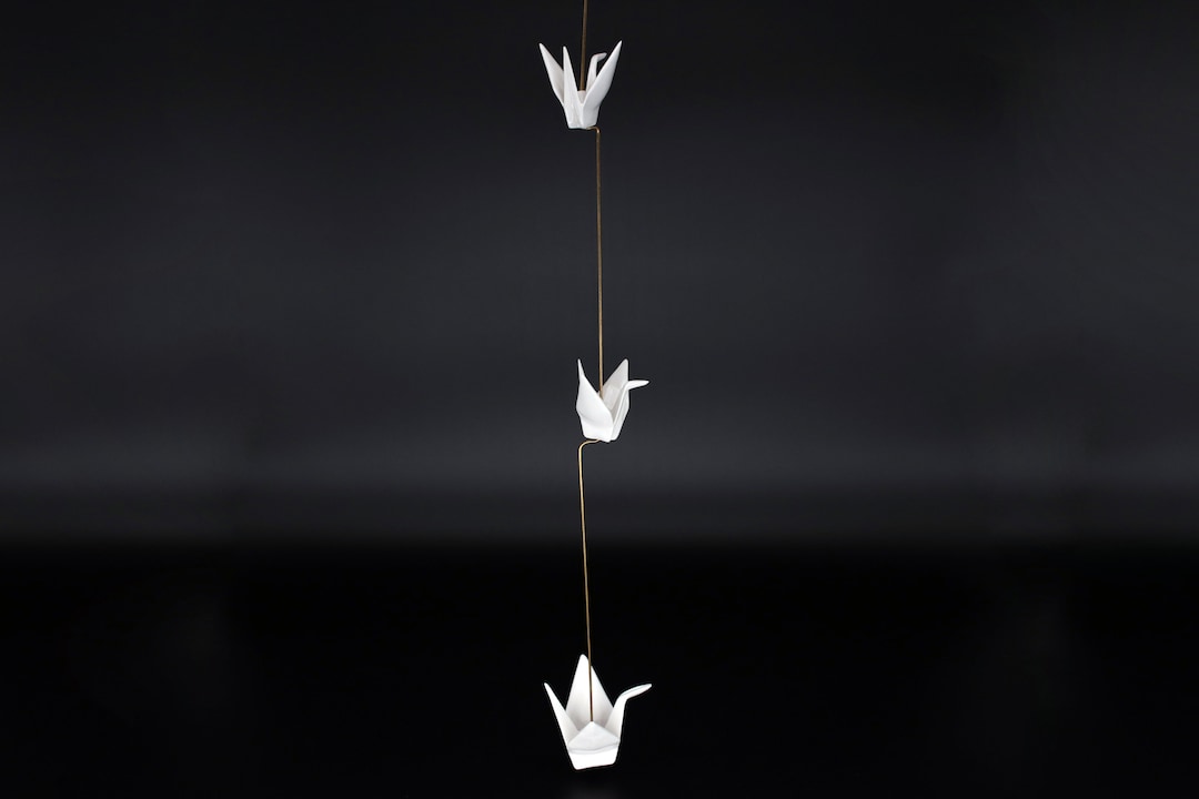 Handmade Porcelain Origami on Brass Rod - Crane, Blue, White ...