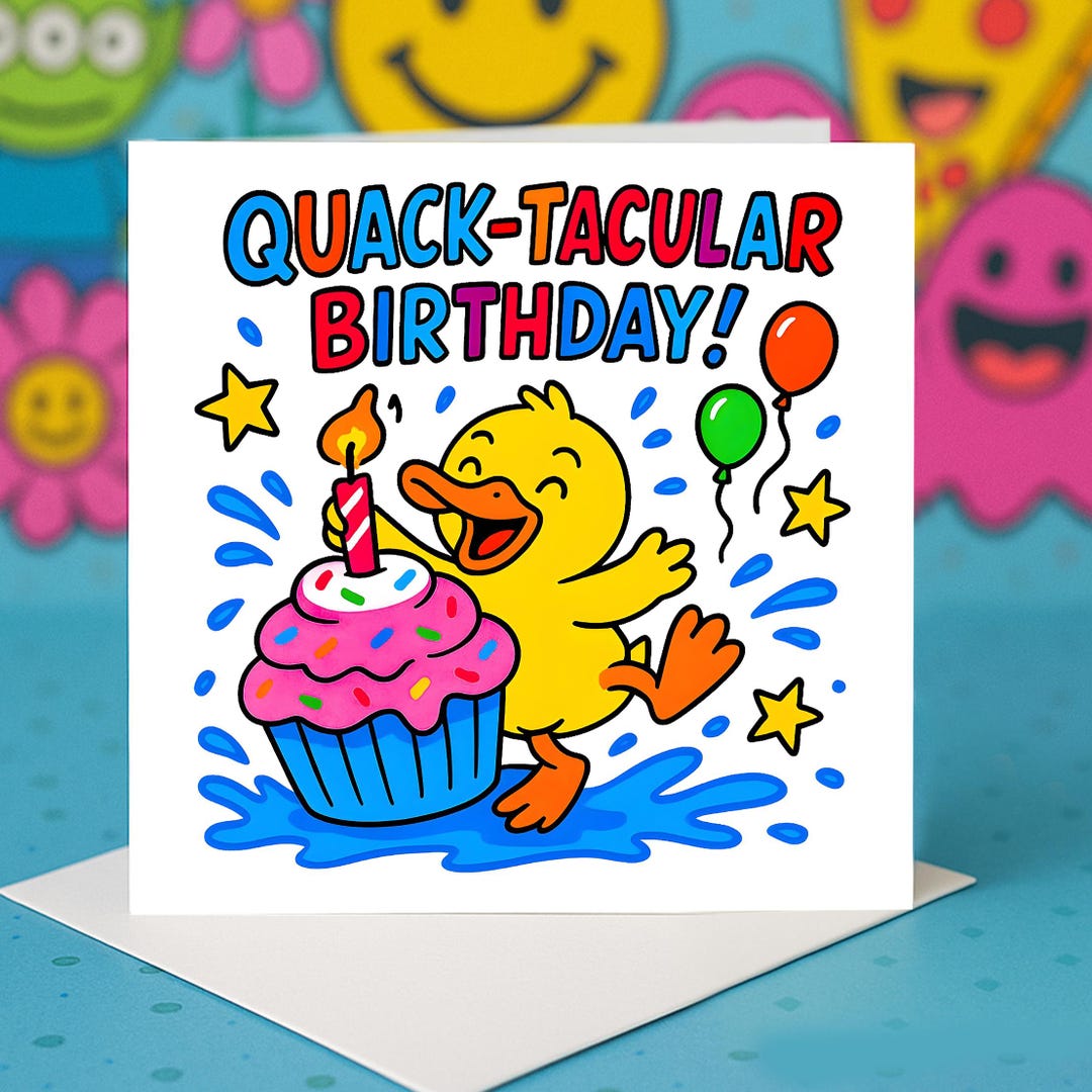 Quack Tacular Birthday Card – Cute Duck With Cupcake Design – Funny ...
