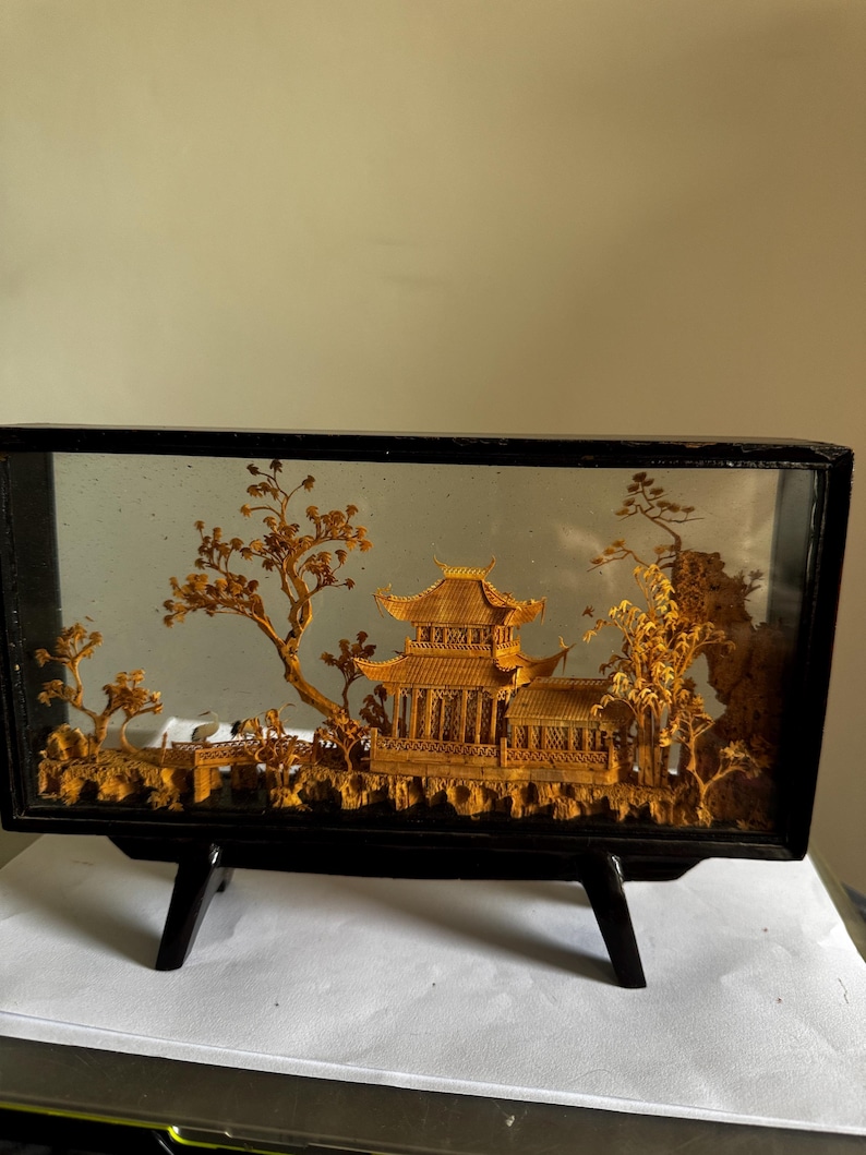 Antique Chinese Cork Diorama, Hand Carved Pagoda Landscape, Mid Century ...